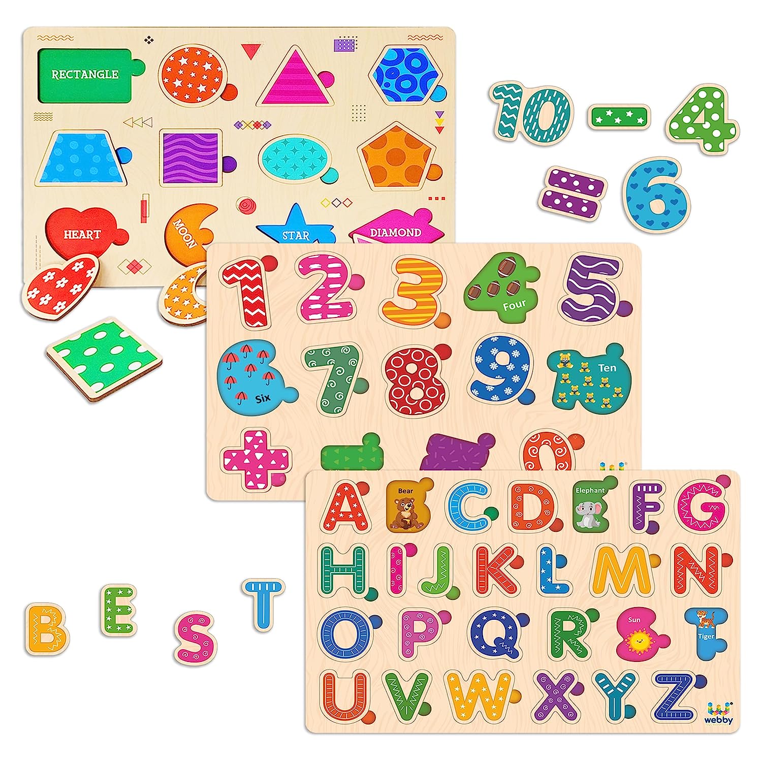 Webby Wooden Educational Colorful Alphabets, Counting Numbers and Shap – Webby Toys